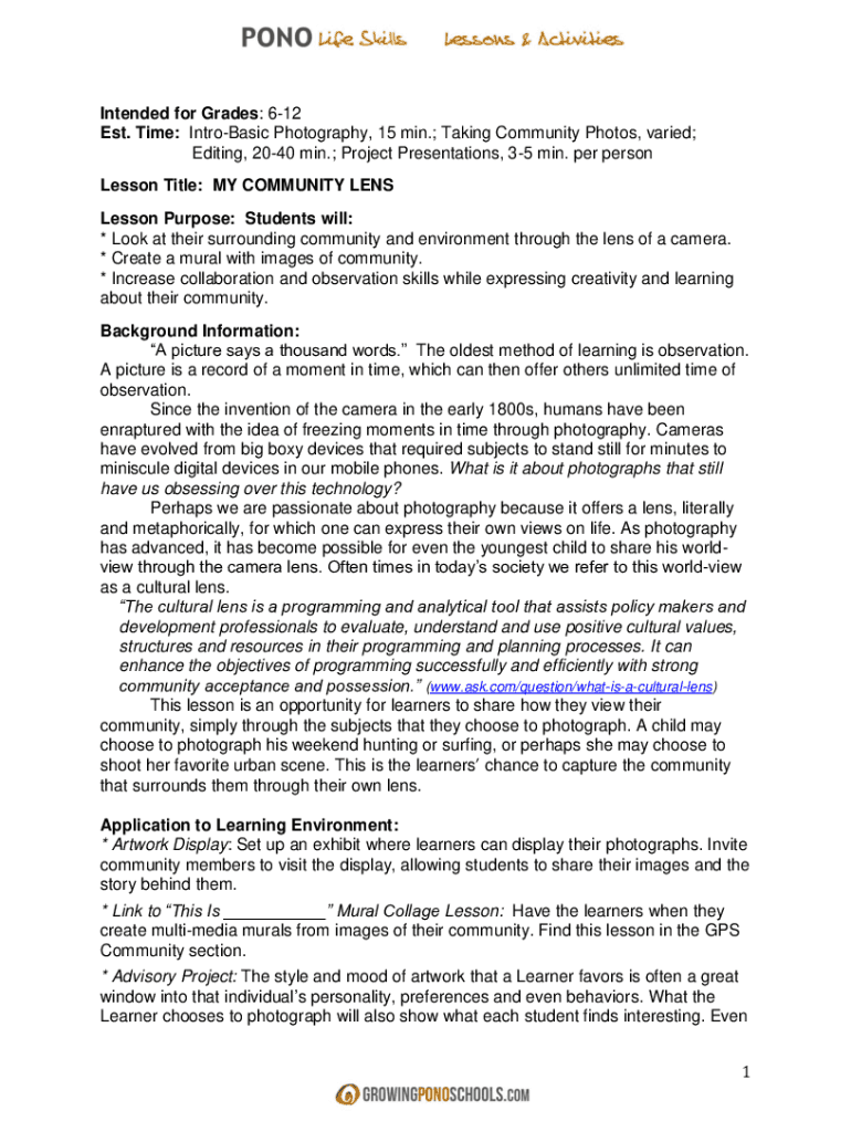 Fillable Online Intended for Grades Est. Time: Lesson Title: MY COMMUNITY LENS - CDS Fax Email ...