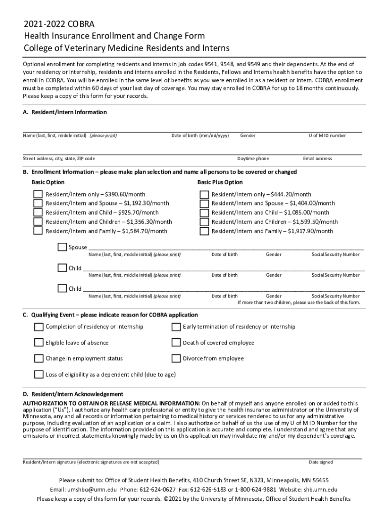 Fillable Online shb umn 2021-2022 COBRA Health Insurance Enrollment and Change Form College of ...