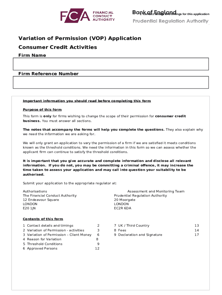 Variation of Permission (VOP) Application - FCA Handbook Doc Template ...