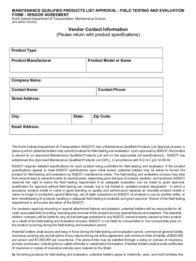 Fillable Online dot.nd.govformssfn59659MAINTENANCE QPL APPROVAL - FIELD ...