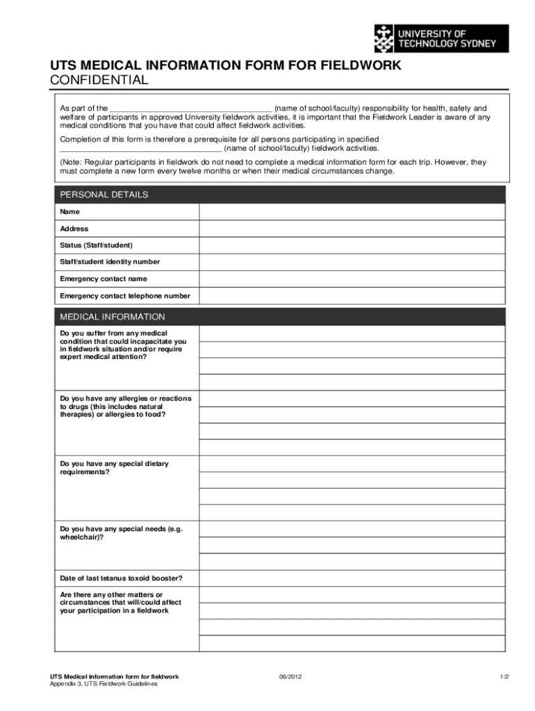 Fillable Online UTS MEDICAL INFORMATION FORM FOR FIELDWORK CONFIDENTIAL ...