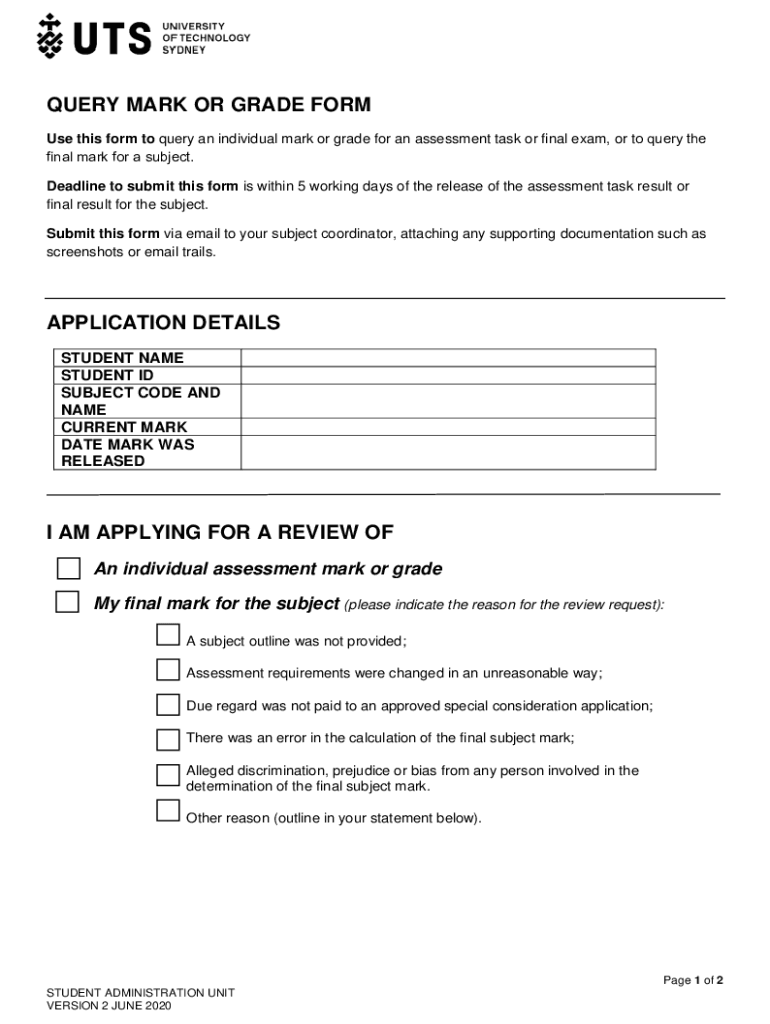 Fillable Online www.uts.edu.ausitesdefaultQUERY MARK OR GRADE FORM ...