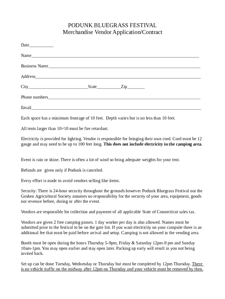 Fillable Online PODUNK BLUEGRASS FESTIVAL Merchandise Vendor ...