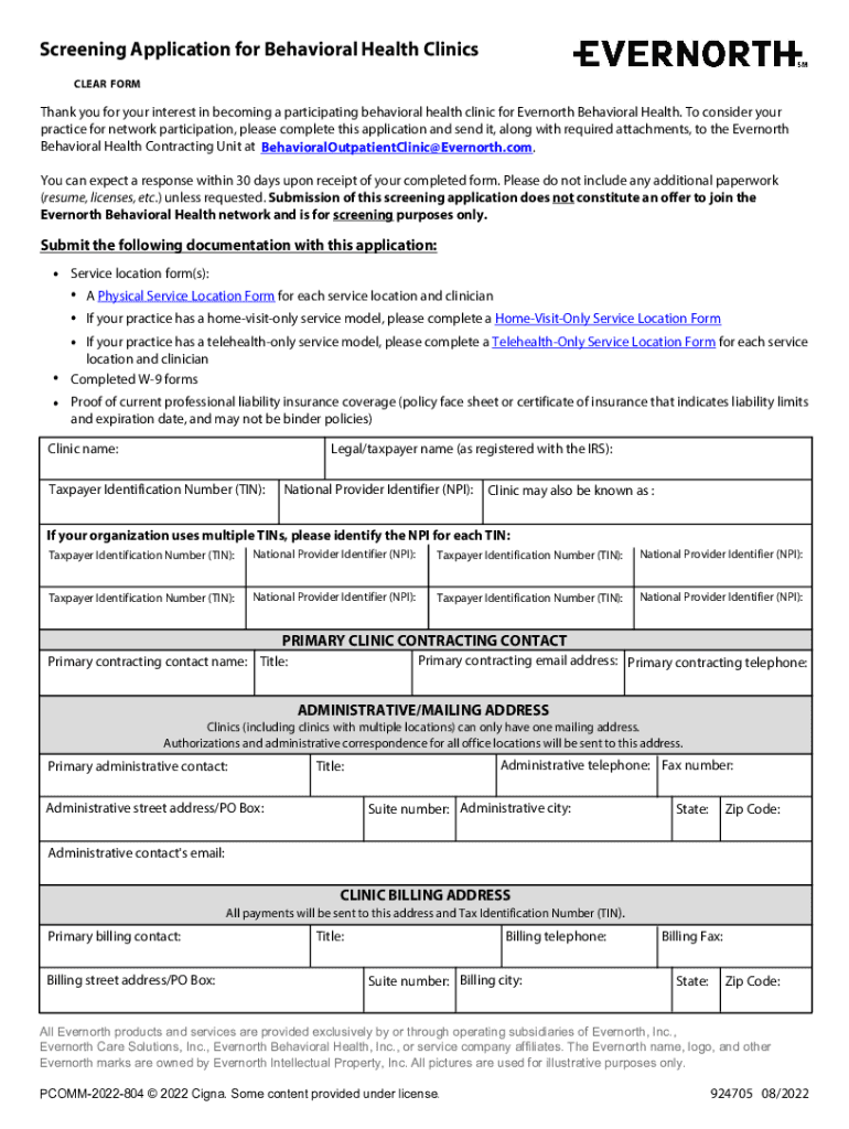 Fillable Online Evernorth Screening Application for Behavioral Health Clinics. 924705 ...