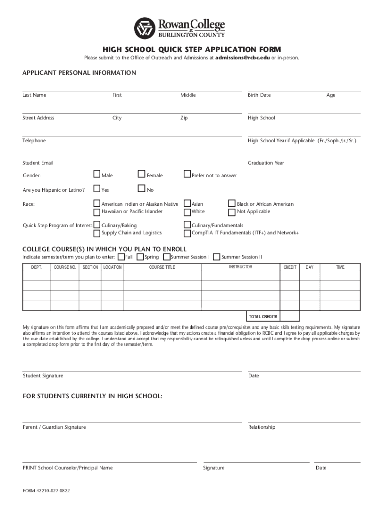 Fillable Online RCBC High School Quick Step Application Form Fax Email ...