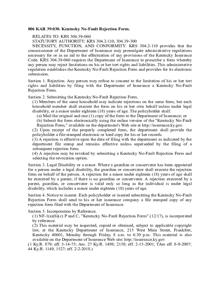 Fillable Online 806 KAR 39:030. Kentucky No-Fault Rejection Form ...