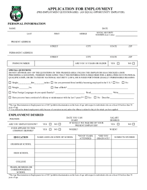 Fillable Online APPLICATION FOR EMPLOYMENT PRE-EMPLOYMENT QUESTIONAIRE ...