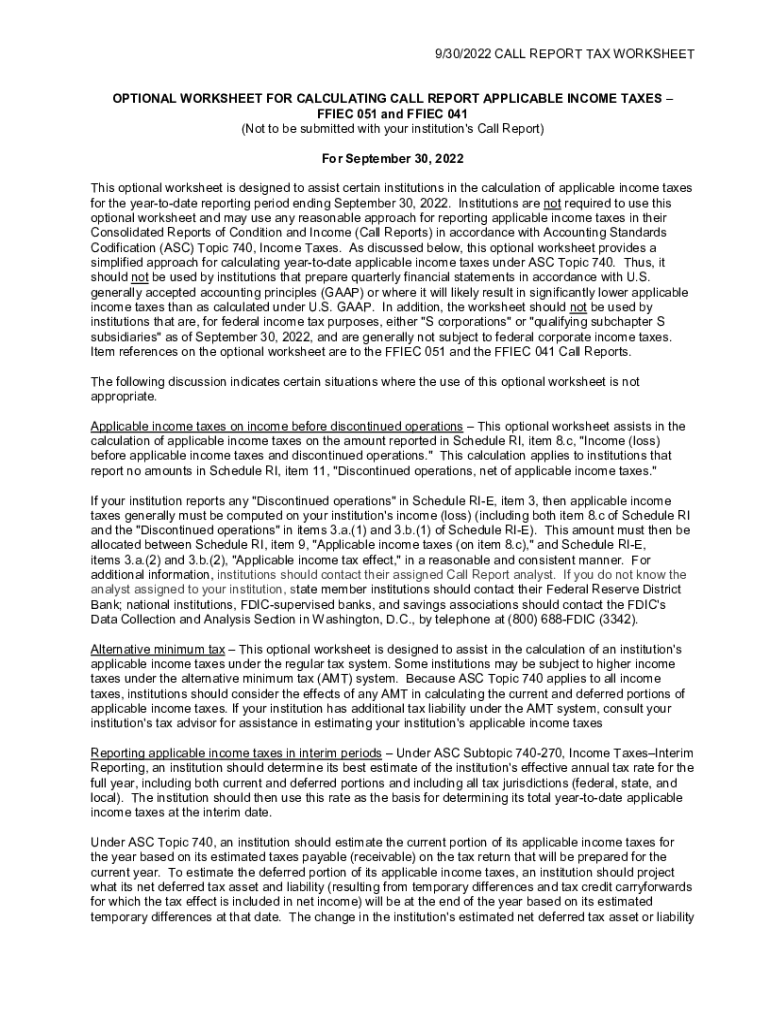 Fillable Online OPTIONAL WORKSHEET FOR CALCULATING CALL REPORT ...