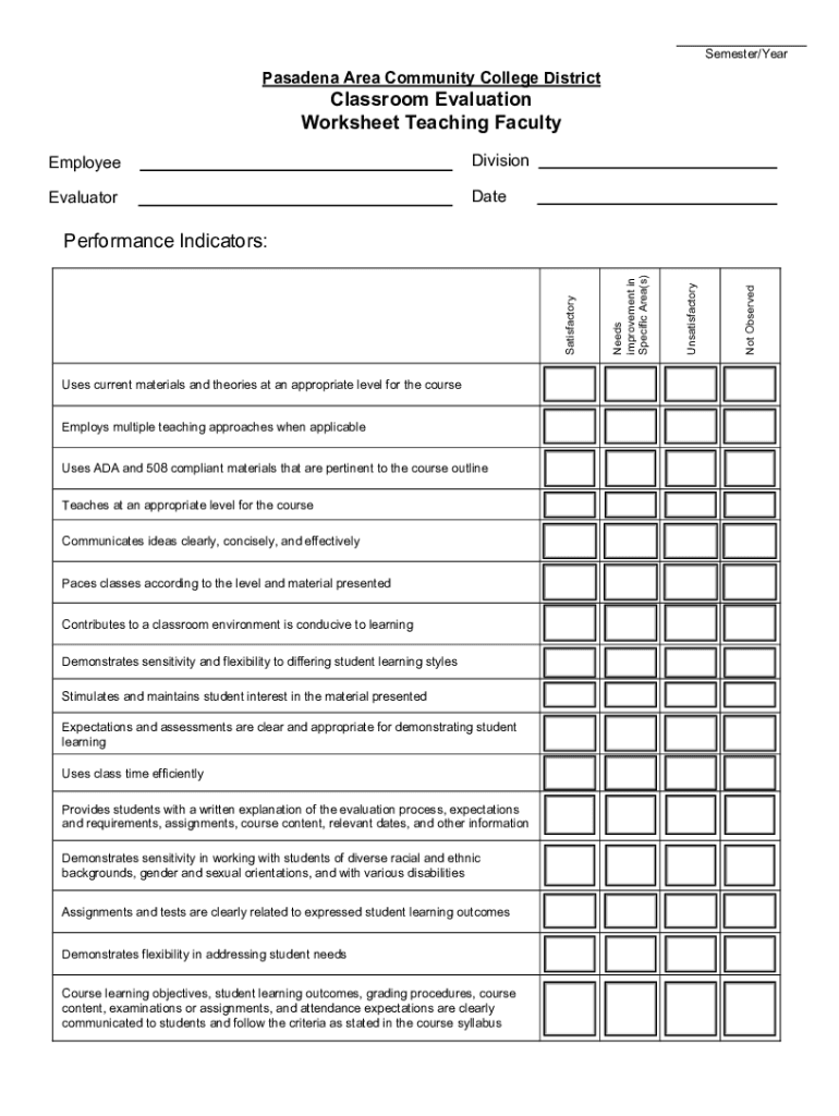 Fillable Online fill.ioClassroom-Evaluation-Worksheet-PasadenaFillable Classroom-Evaluation ...
