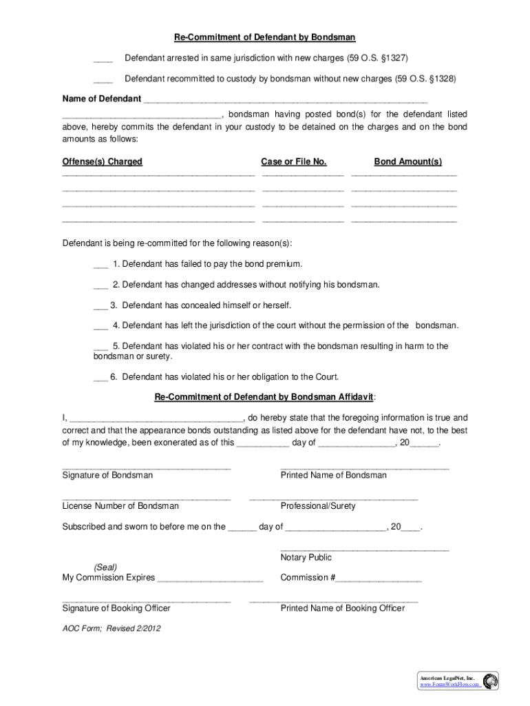 Fillable Online www.signnow.comfill-and-sign-pdf-form205821Recommitment of Defendant by Bondsman ...