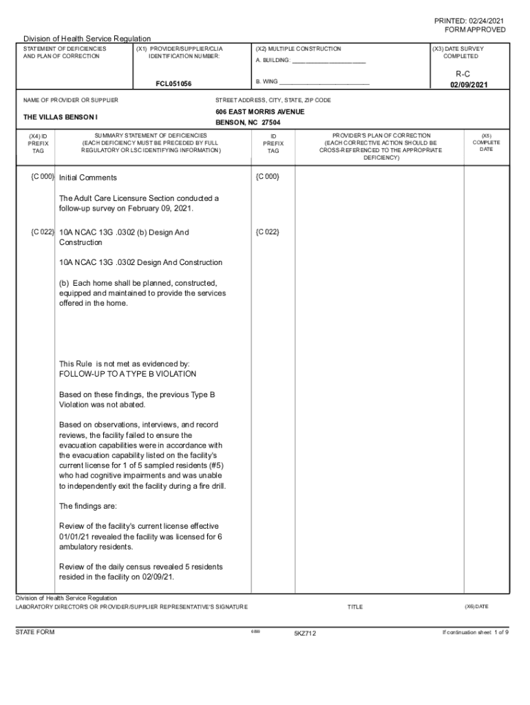 Fillable Online NC DHSR: Adult Care Licensure SectionNC DHHS: North ...