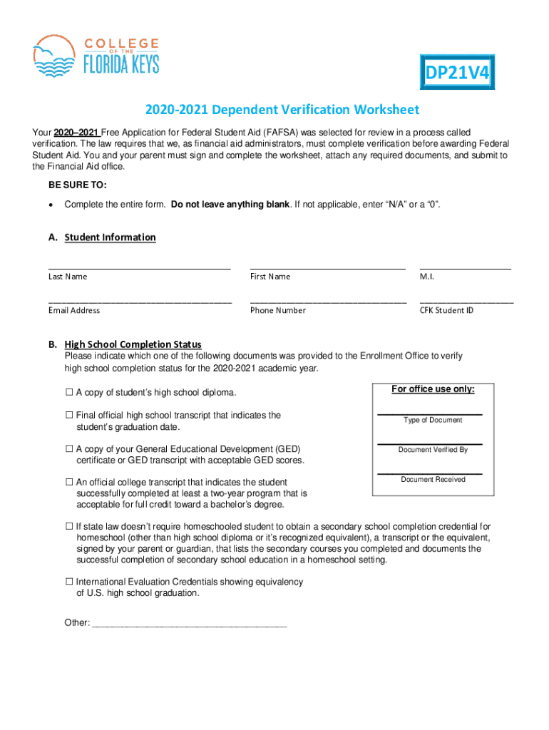 Fillable Online Dependent Verification Worksheet 4 Fax Email Print - pdfFiller