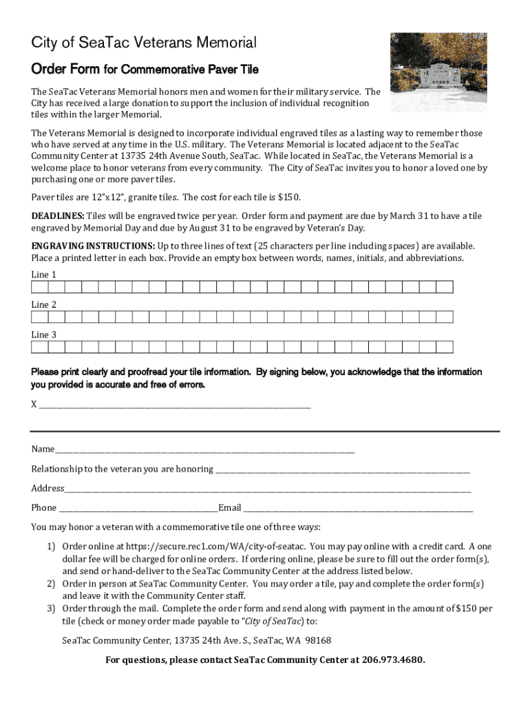 Fillable Online City of SeaTac Veterans Memorial - Order Form for ...