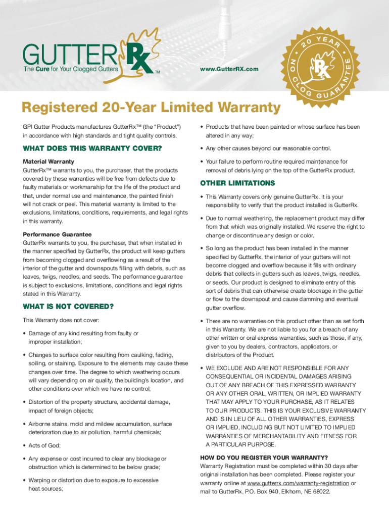 Fillable Online www.gutterrx.comwarrantyGutterRx: We guarantee our ...