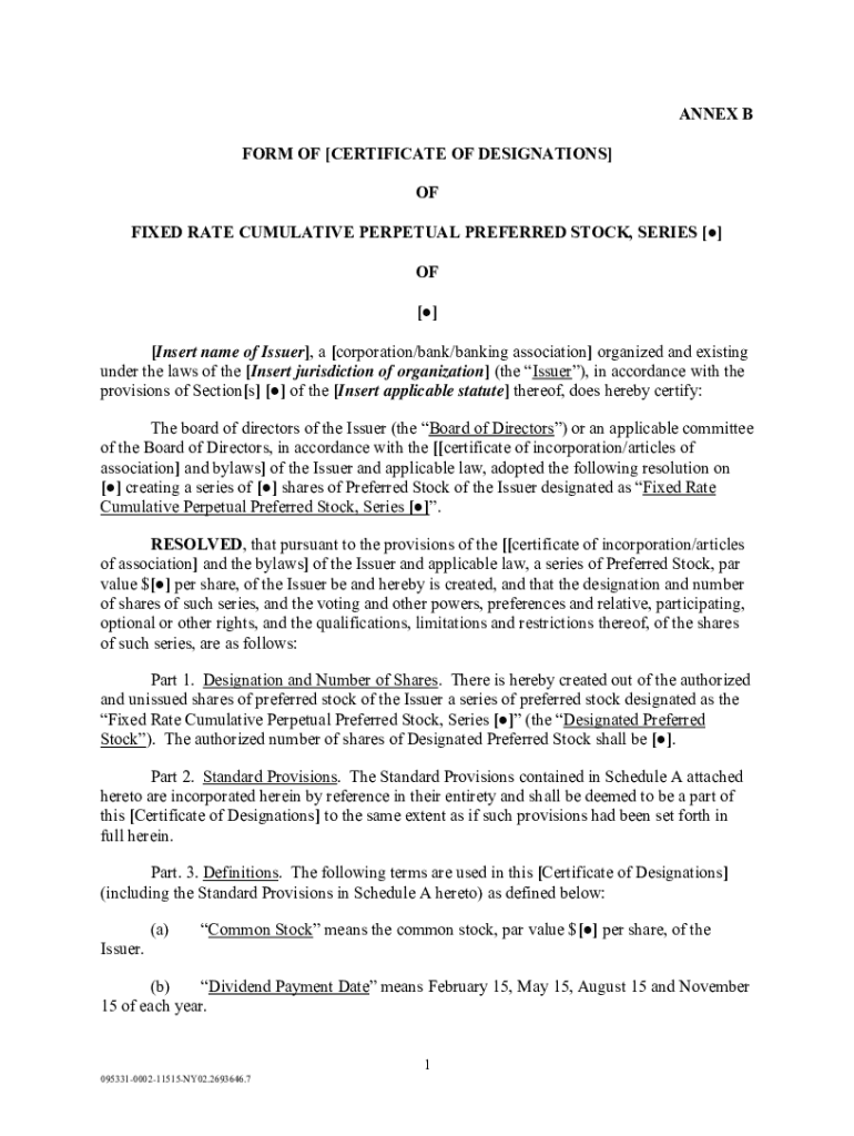 Fillable Online ANNEX B FORM OF CERTIFICATE OF DESIGNATIONS OF FIXED ...