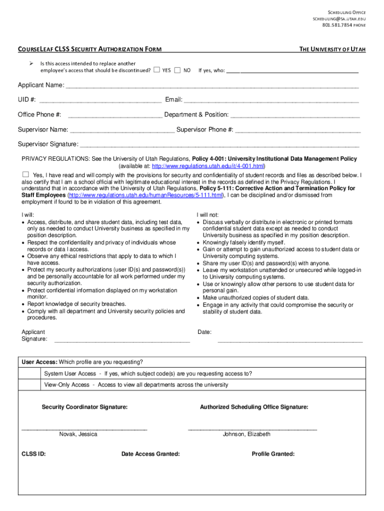 Fillable Online registrar utah CLSS Security Authorization Form - Office of the Registrar Fax ...