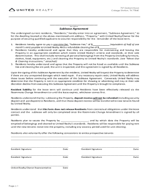Fillable Online Sublease Agreement Form - Cleaning Instructions ...