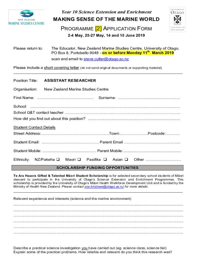 Fillable Online Year10 Prog 2 Application Form 2019 - University of ...
