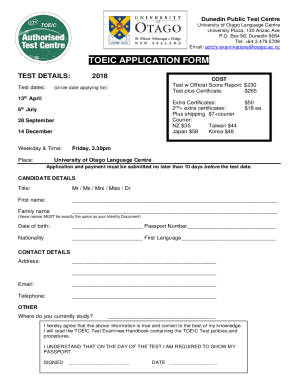 Fillable Online TOEIC APPLICATION FORM - University of Otago Fax Email ...