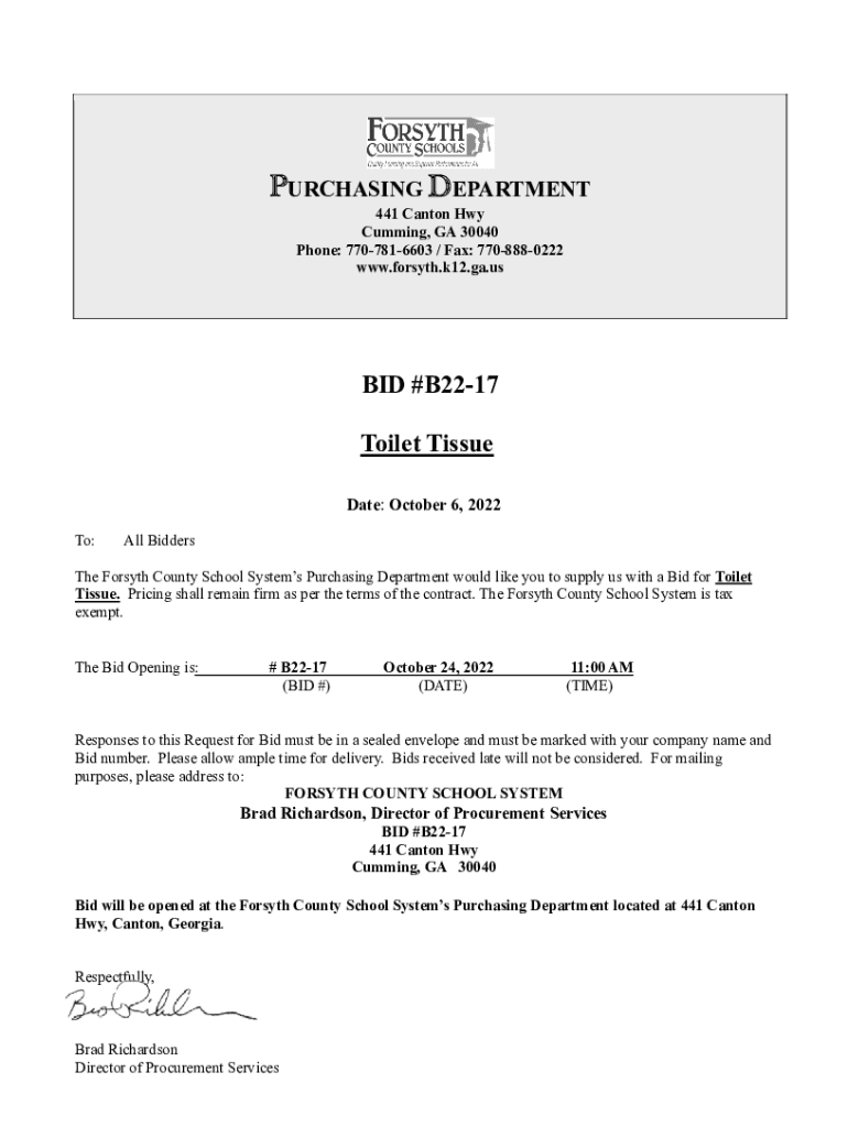 Fillable Online BID #B22-17 Toilet Tissue - Forsyth County Schools Fax ...