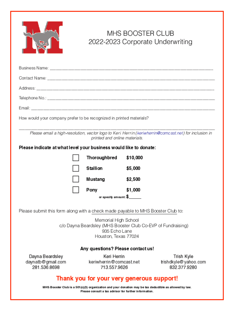 Fillable Online 2020 MHS Booster Club Corporate Underwriting Form Fax ...
