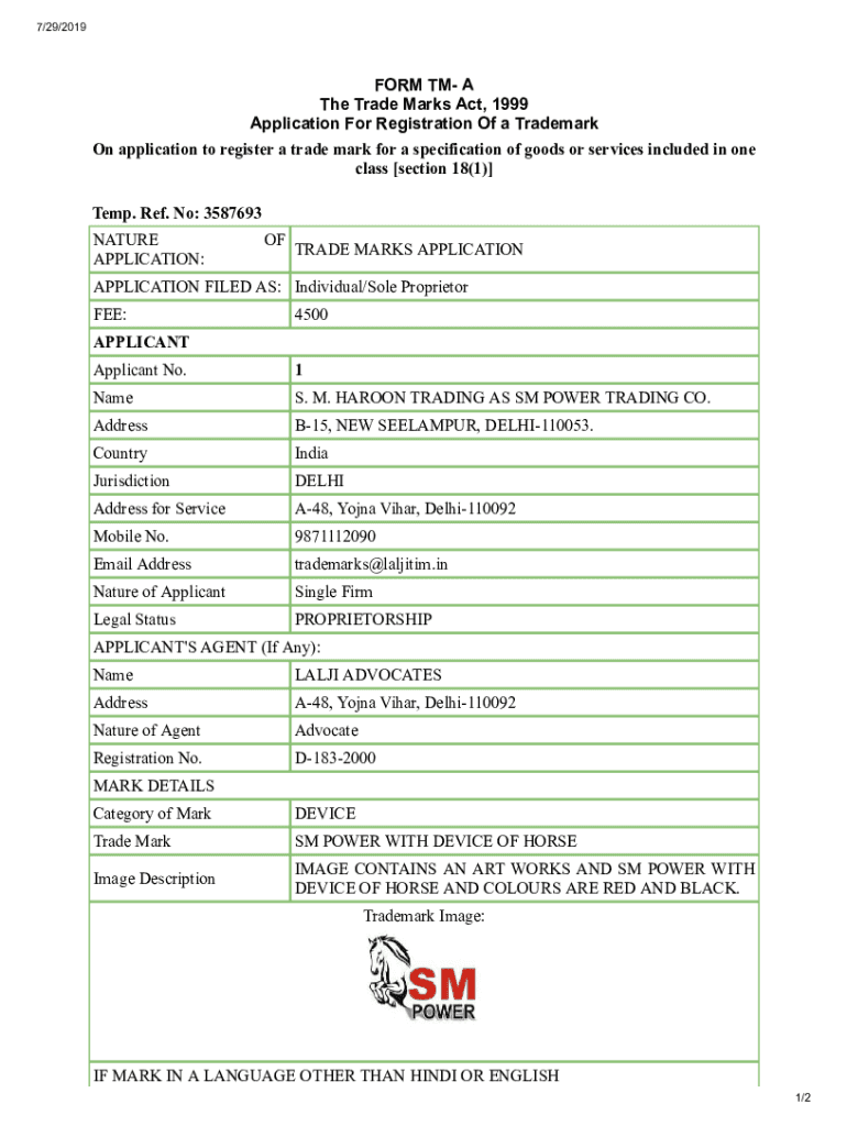 Fillable Online FORM TM-A The Trade Marks Act, 1999 Application for registration of aFORM TM-A ...