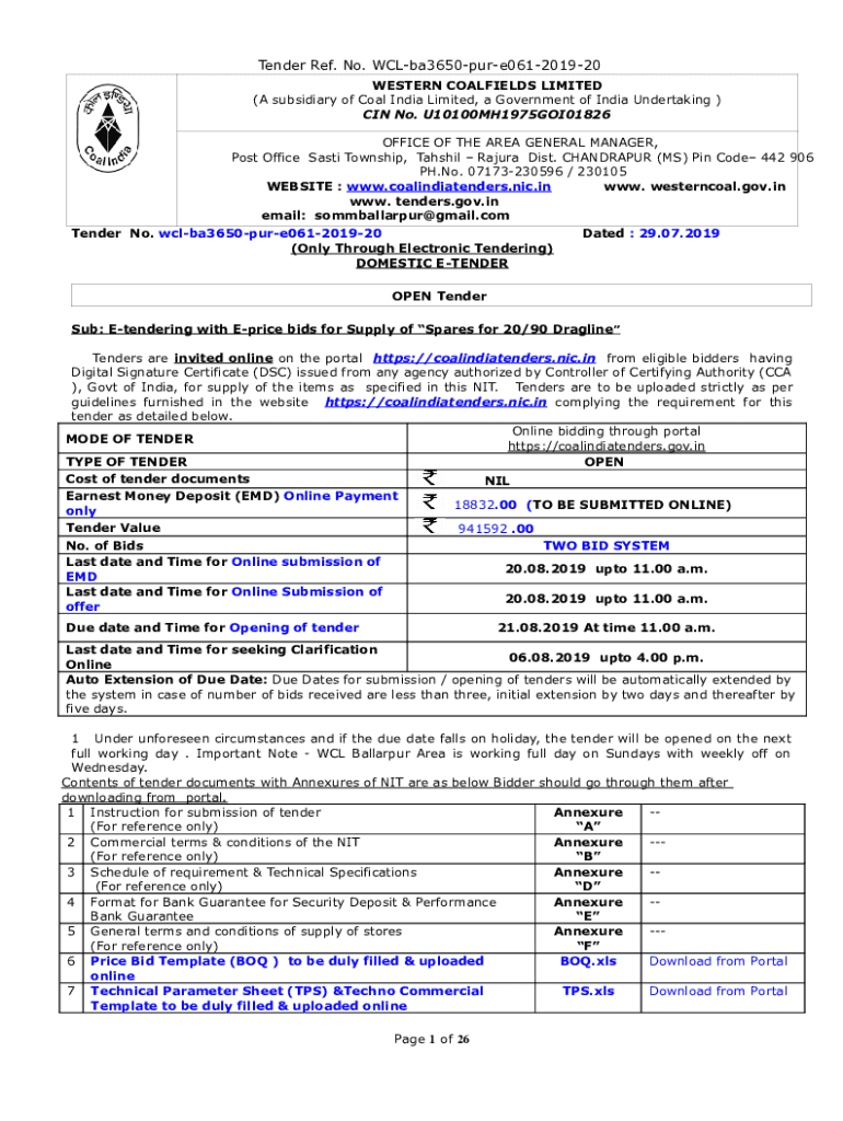 Fillable Online Western Coalfields Limited Tenders - View Latest WCL ...