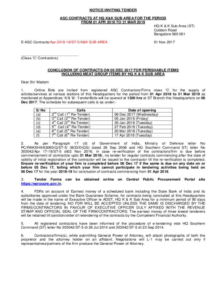 Fillable Online NOTICE INVITING TENDER ASC CONTRACTS AT HQ K&K ... Fax ...