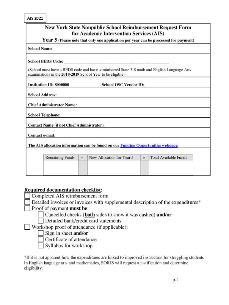Fillable Online www.nysed.govais-year-4-reimbursement-request-formNew ...