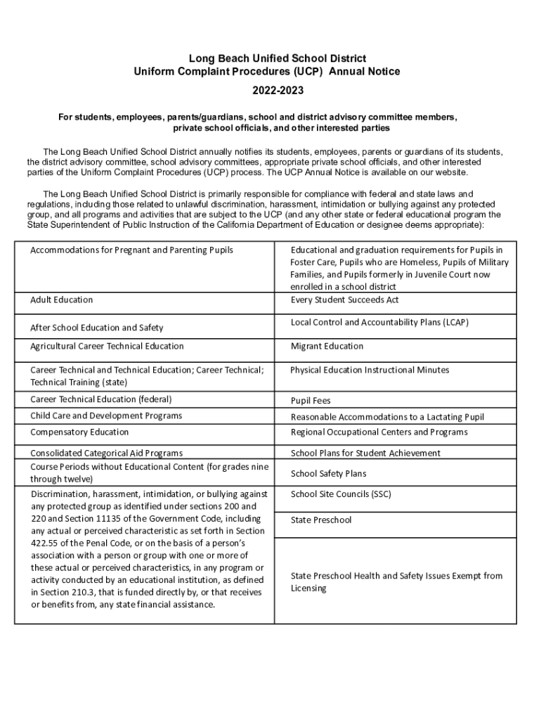 Fillable Online www.lbschools.netUCP-Annual-Notice-Form-ENLong Beach Unified School District ...