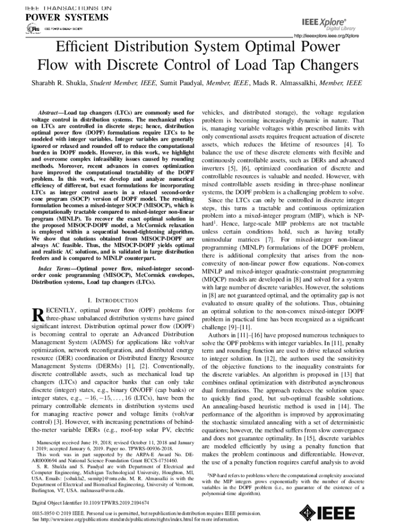 Fillable Online Ieeexplore Ieee Efficient Distribution System Optimal Power Flow With Discrete