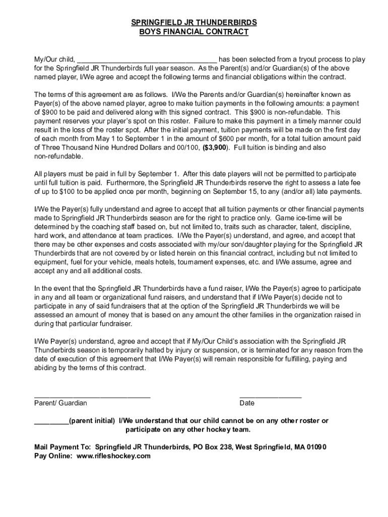 Fillable Online springfield jr thunderbirds boys financial contract ...