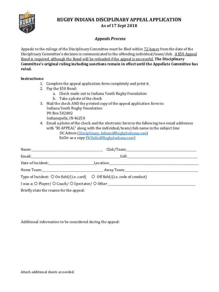 Fillable Online RUGBY INDIANA DISCIPLINARY APPEAL APPLICATION - Ngin ...