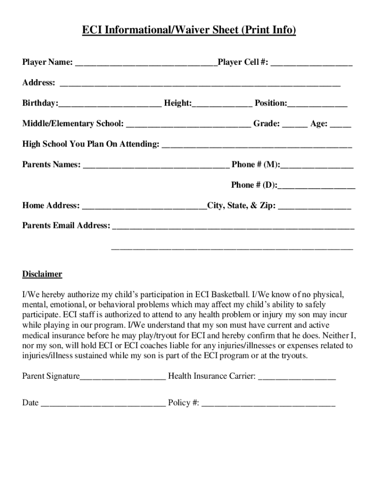 Fillable Online ECI Informational/Waiver Sheet (Print Info) - Ngin Fax ...