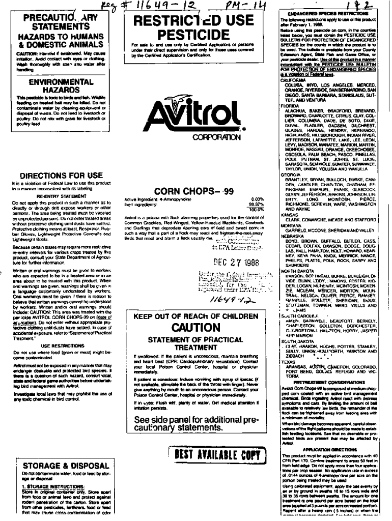 Fillable Online U.S. EPA, Pesticide Product Label, AVITROL FC CORN ...