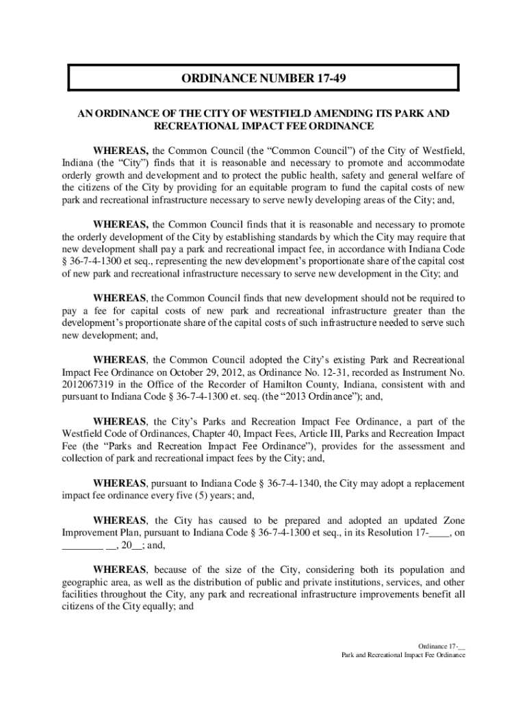 Fillable Online Impact Fee Ordinance. Park and Recreational Impact Fee ...