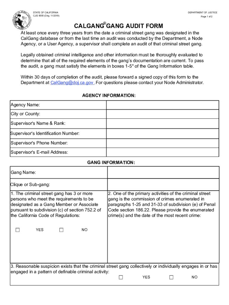 Fillable Online oag ca oag.ca.govcjis-9005-calgang-audit-formCALGANG ...