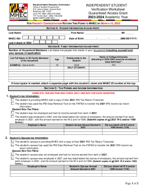 Fillable Online mhec maryland 23-24 Independent Student Verification ...