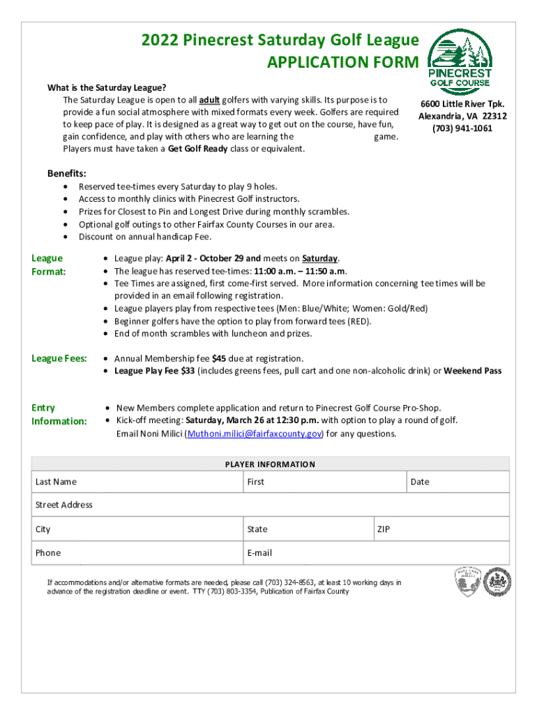 Fillable Online 2022 Pinecrest Saturday Golf League Application Form ...