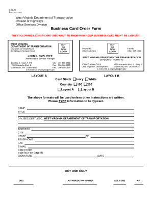 Fillable Online transportation wv Business Card Order Form Fax Email ...