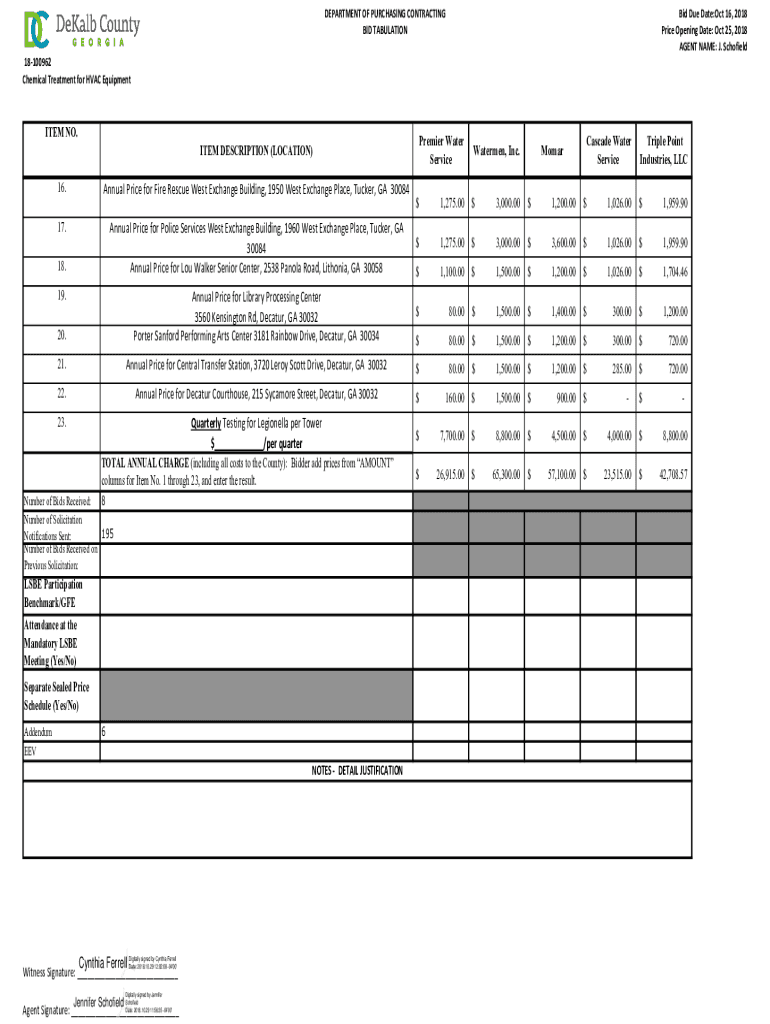 Fillable Online Bid Tabulation ITB No. 18-100962, Chemcial Treatment of ...