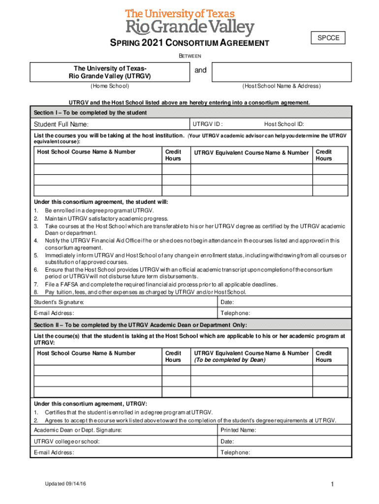 Fillable Online SPRING 2021 CONSORTIUM AGREEMENT and - UTRGV Fax Email ...