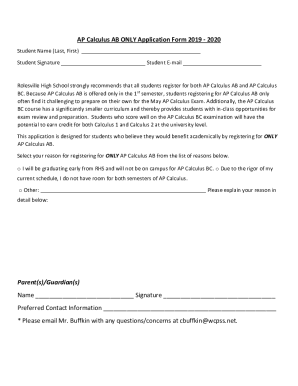 Fillable Online AP Calculus AB ONLY Application Form 2019 - 2020 Fax ...