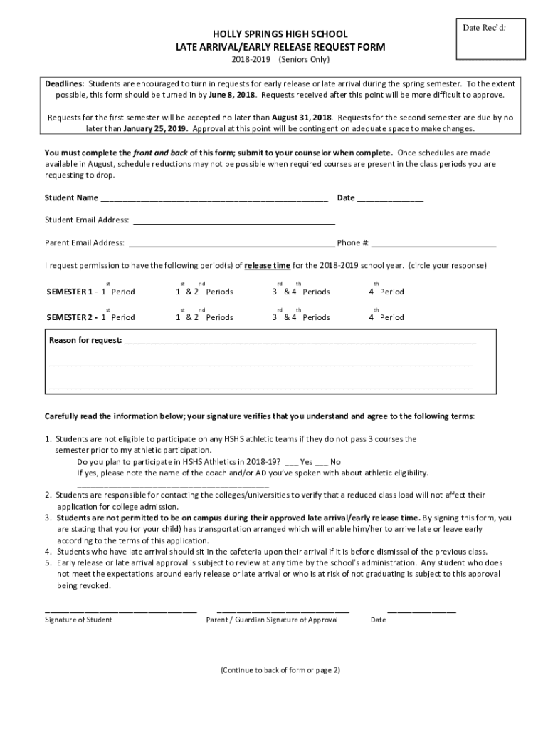Fillable Online Early Release Late Arrival form 2018-2019 Fax Email ...