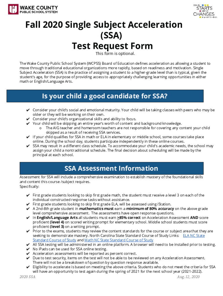 Fillable Online Fall 2020 Single Subject Acceleration (SSA) Test ...