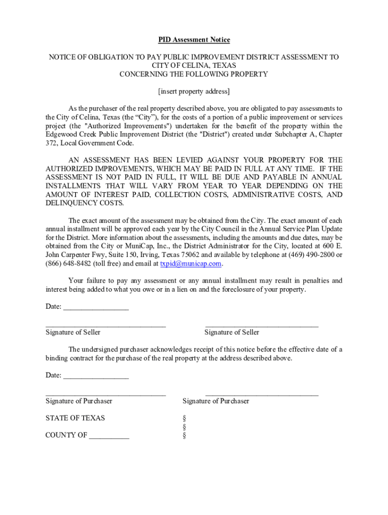 Fillable Online NOTICE OF OBLIGATION TO PAY PUBLIC IMPROVEMENT DISTRICT ...