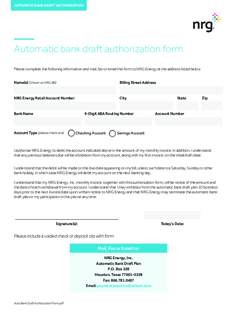 Fillable Online Automatic Bank Draft Authorization Form - Killeen ...