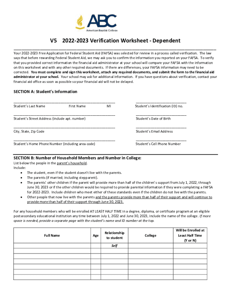 Fillable Online VI 2022-2023 Verification Worksheet - Independent Fax Email Print - pdfFiller