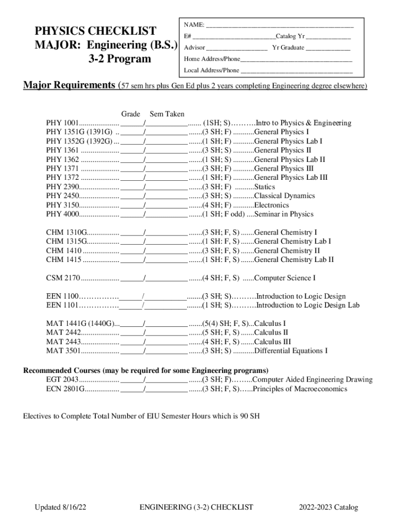 Fillable Online www.eiu.edupre-engdocsPHYSICS CHECKLIST MAJOR: Engineering (B.S.) 3-2 Program ...