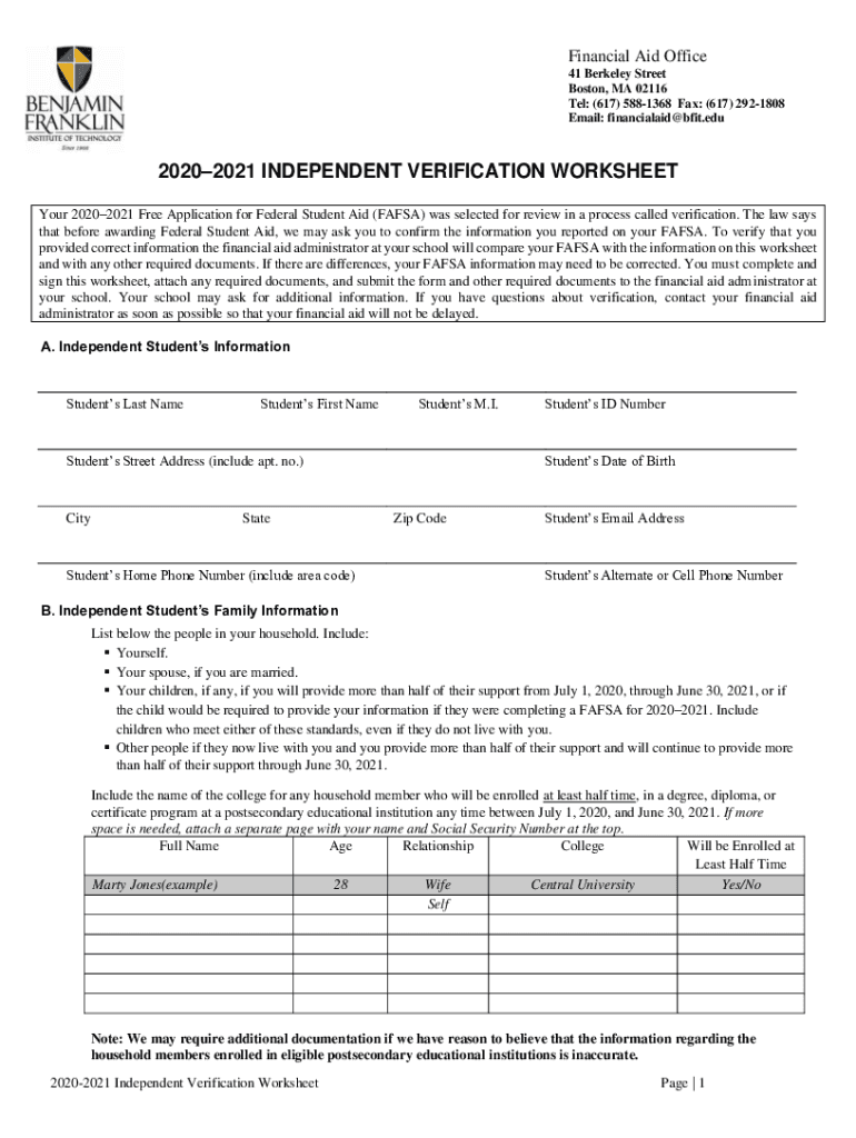 Fillable Online 20202021 DEPENDENT VERIFICATION WORKSHEET - bfit.edu Fax Email Print - pdfFiller